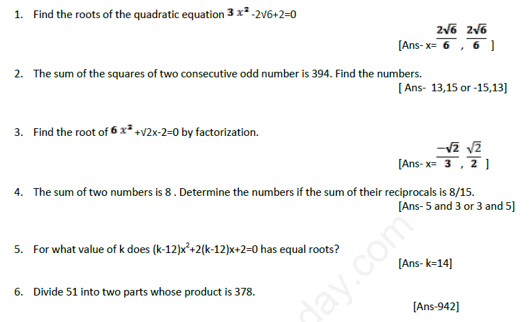 CBSE Class 10 Mathematics Quadratic Equations Assignment Set B